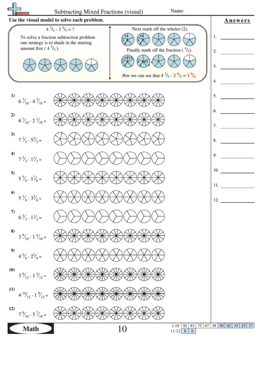 Subtracting Mixed Fractions Visual Worksheet With Answer Key Printable