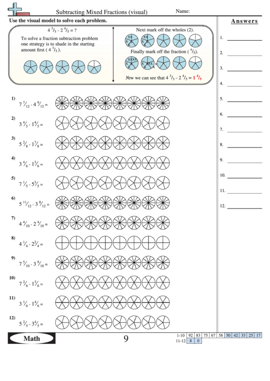 Subtracting Mixed Fractions Visual Worksheet With Answer Key Printable