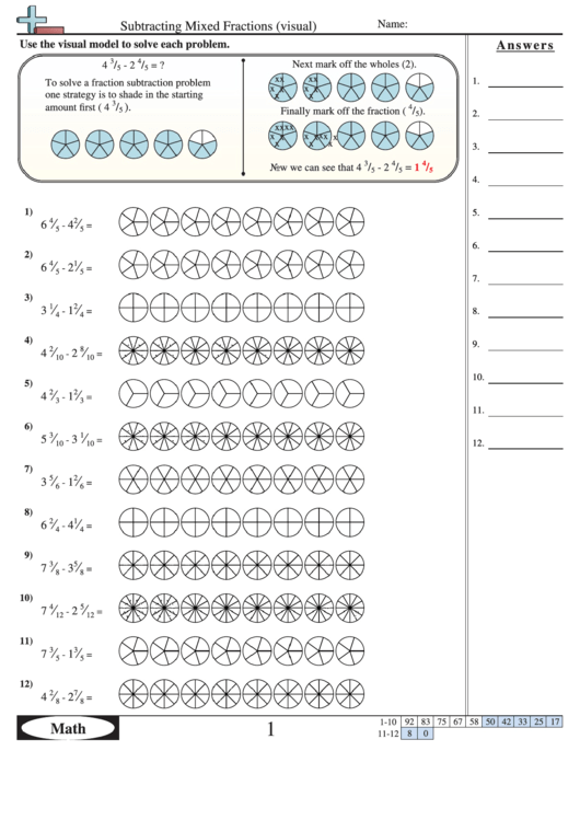 Subtracting Mixed Fractions Visual Worksheet With Answer Key printable ...