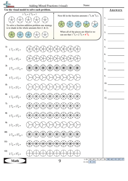 Adding Mixed Fractions (Visual) Worksheet With Answer Key printable pdf ...
