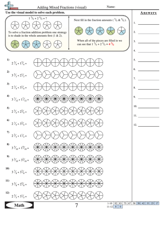 Adding Mixed Fractions Visual Worksheet With Answer Key Printable Pdf 