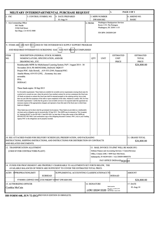 Dd Form 448 Military Interdepartmental Purchase Request Printable Pdf