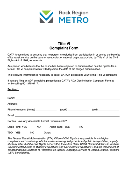 Title Vi Complaint Form - Rock Region Metro printable pdf download