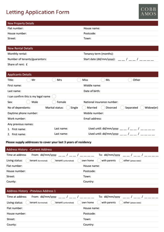 Letting Application Form printable pdf download