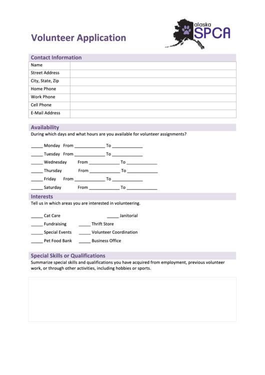 Volunteer Application printable pdf download