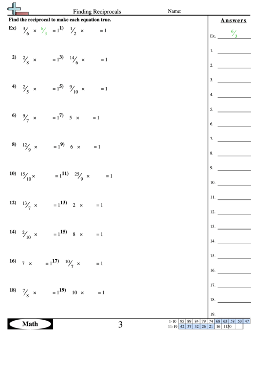 Finding Reciprocals Worksheet printable pdf download