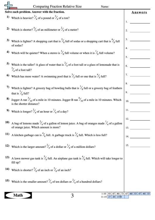 Comparing Fraction Relative Size Worksheet printable pdf download