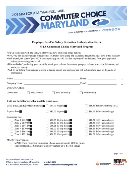 Employee Pre-Tax Salary Deduction Authorization Form - Mta Commuter ...