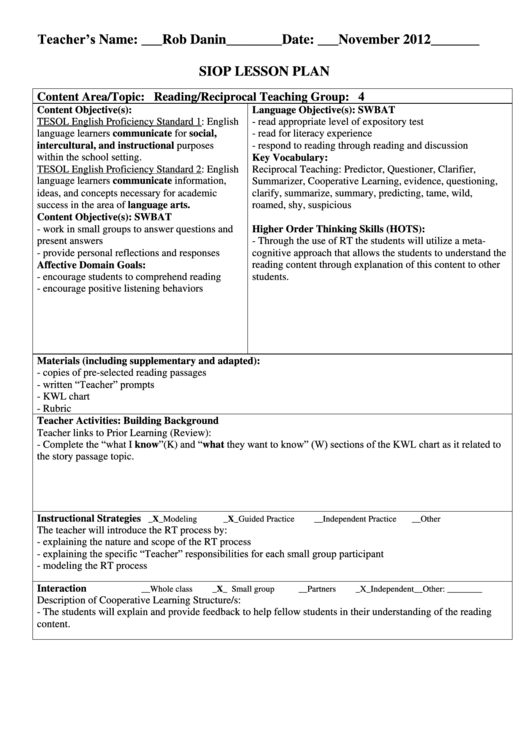 Siop Lesson Plan Examples First Grade My Llenaviveca