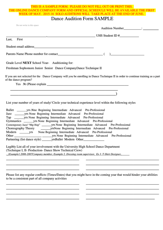 Dance Audition Form Sample Printable Pdf Download