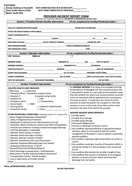 Provider Incident Report Form printable pdf download