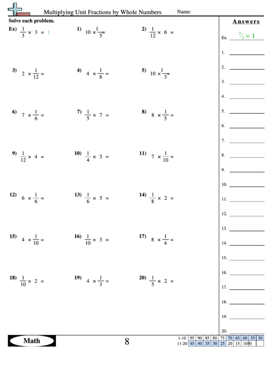 Multiplying Unit Fractions By Whole Numbers Worksheet With Answer Key ...