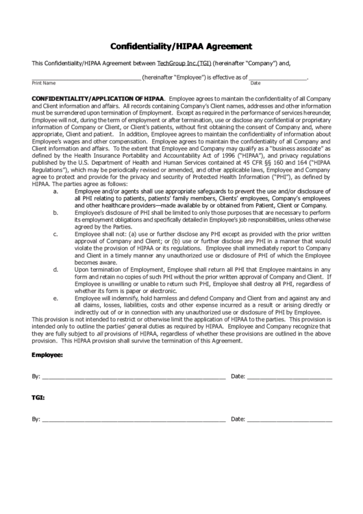Tgi Confidentiality/hipaa Agreement printable pdf download
