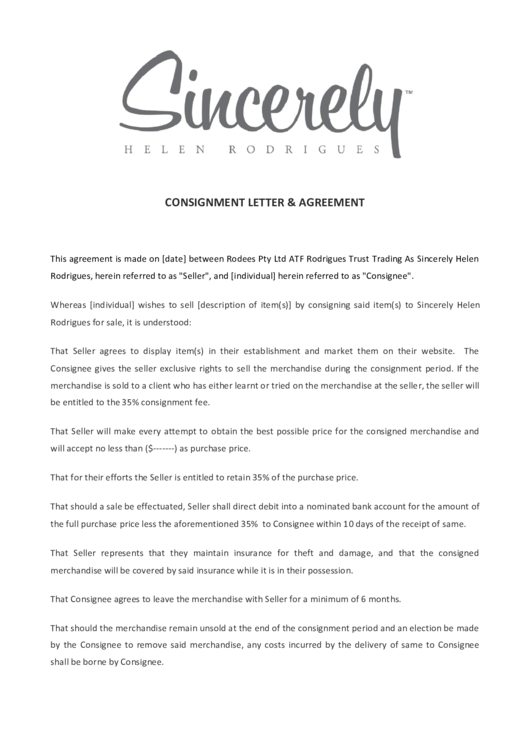 Consignment Letter Agreement printable pdf download