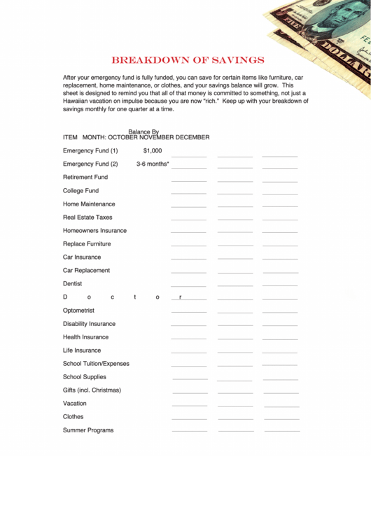 Savings Breakdown Spreadsheet printable pdf download