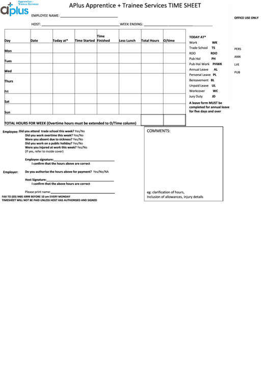 Timesheet - Aplus Apprentice And Trainee Services printable pdf download