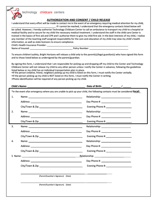 Authorization And Consent / Child Release printable pdf download