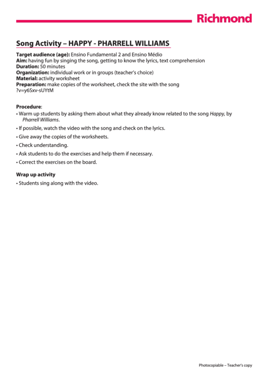 Song Activity - Happy - Pharrell Williams printable pdf download
