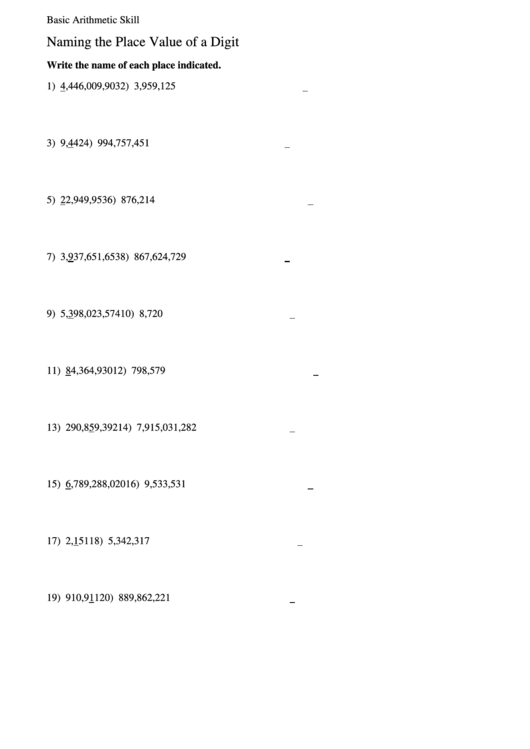 Naming The Place Value Of A Digit printable pdf download