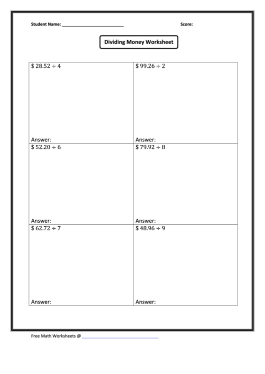 Dividing Money Worksheet printable pdf download