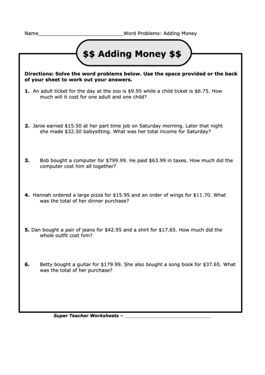 Adding Money Worksheet printable pdf download