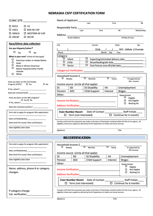 Nebraska Csfp Certification Form Recertification printable pdf download