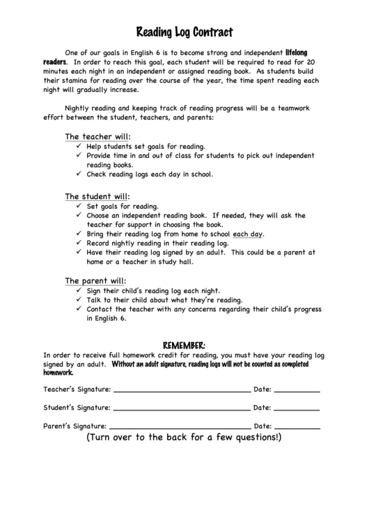Reading Log Contract printable pdf download