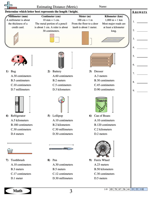 Estimating Distance (Metric) Worksheet printable pdf download