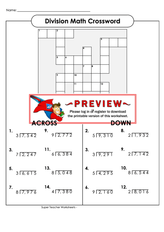 Division Math Crossword Across Down printable pdf download