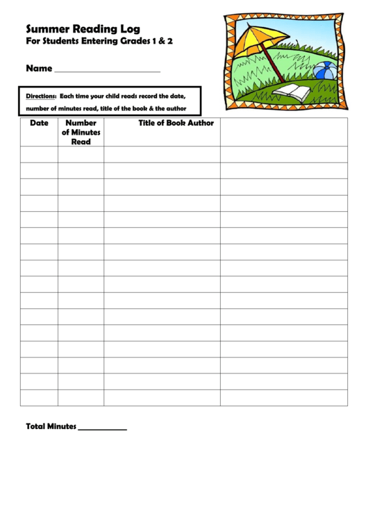 Summer Reading Log For Students Entering Grades 1 & 2 printable pdf ...