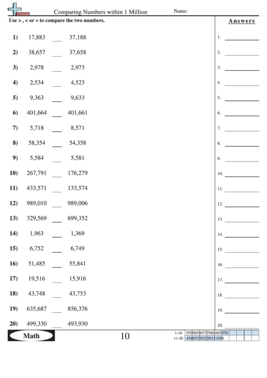 Comparing Numbers Within 1 Million Worksheet With Answer Key printable ...