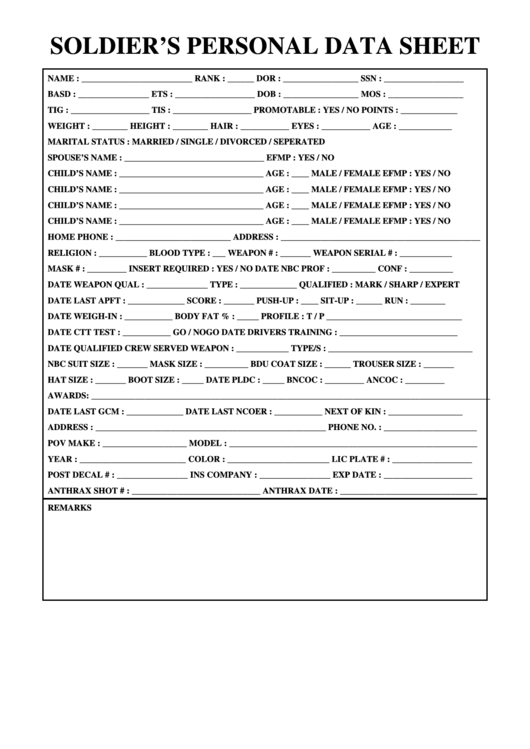 Fillable Soldiers Personal Data Sheet Template Printable Pdf Download 