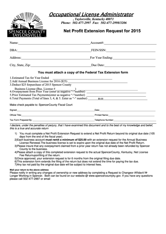 Fillable Net Profit Extension Request For 2015 - Spencer County ...