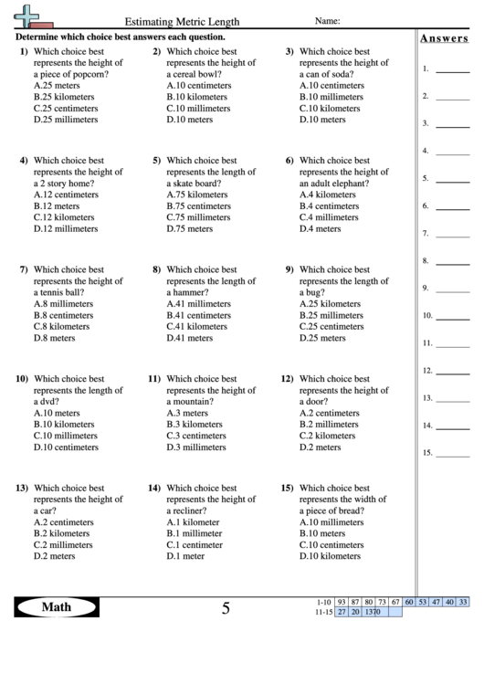 Estimating Metric Length Worksheet With Answer Key printable pdf download