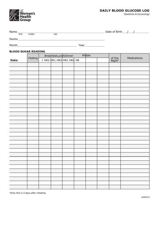 Daily Blood Glucose Log Obstetrics Gynecology Printable Pdf Download