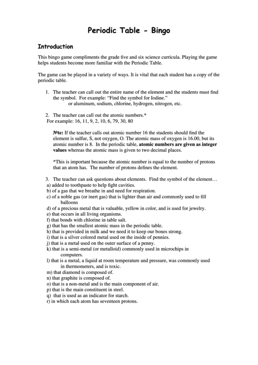 Periodic Table - Bingo printable pdf download