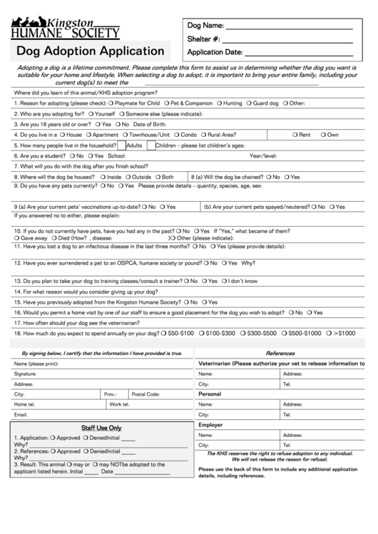 Dog Adoption Application Printable Pdf Download