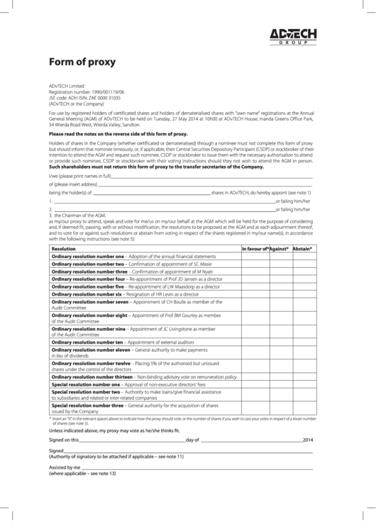 Form Of Proxy - Advtech printable pdf download