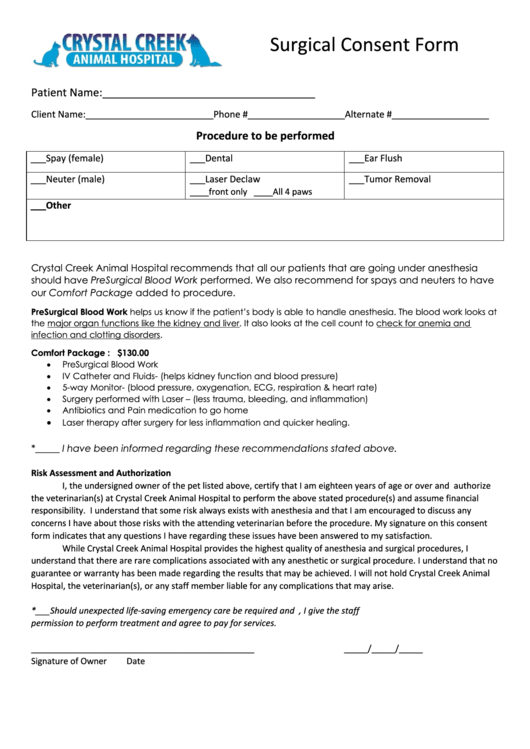 Surgical Consent Form printable pdf download