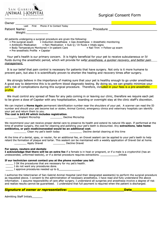 Surgical Consent Form printable pdf download