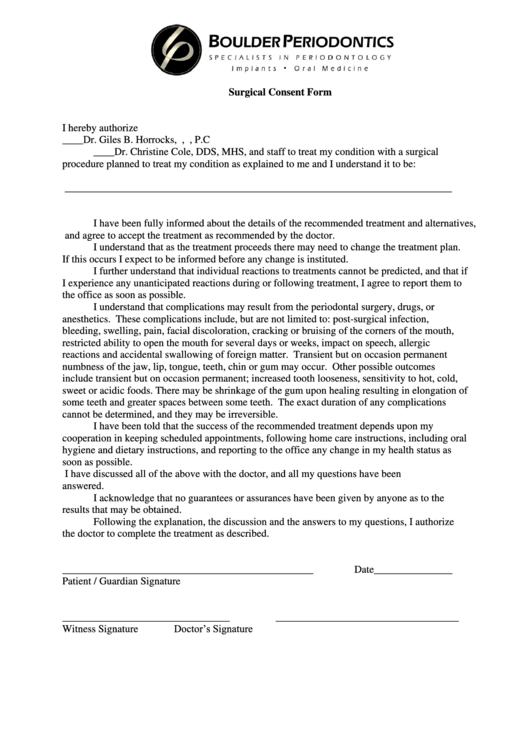 Surgical Consent Form printable pdf download