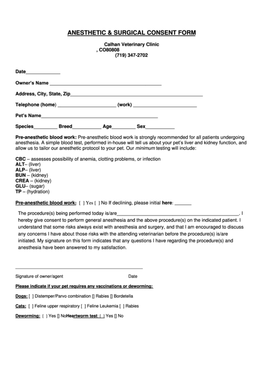 Anesthetic Surgical Consent Form printable pdf download