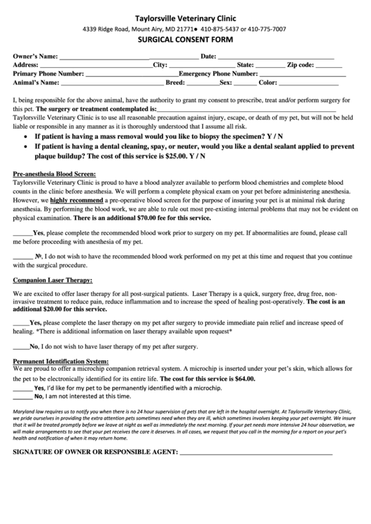 Surgical Consent Form printable pdf download