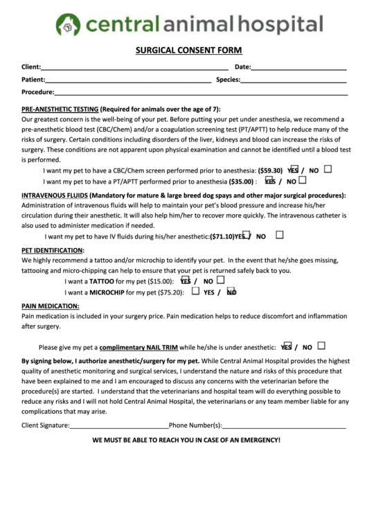 Surgical Consent Form printable pdf download