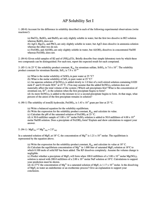Ap Solubility Set I Worksheet printable pdf download