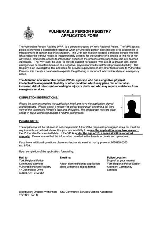 Fillable Vulnerable Person Registration Application Form printable pdf ...