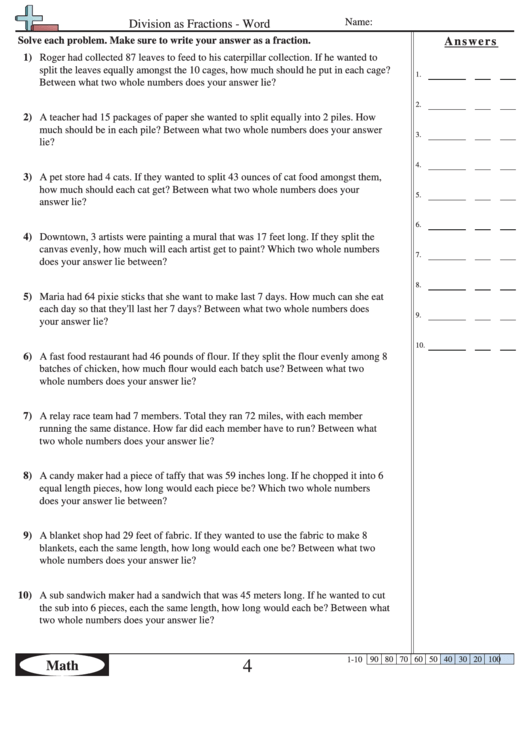 Division As Fractions Word Worksheet With Answer Key Printable Pdf