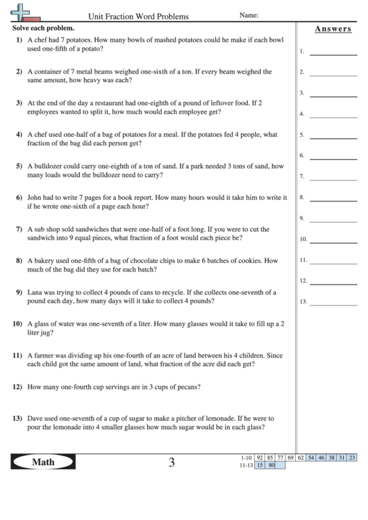 Unit Fraction Word Problems Worksheet With Answer Key Printable Pdf 