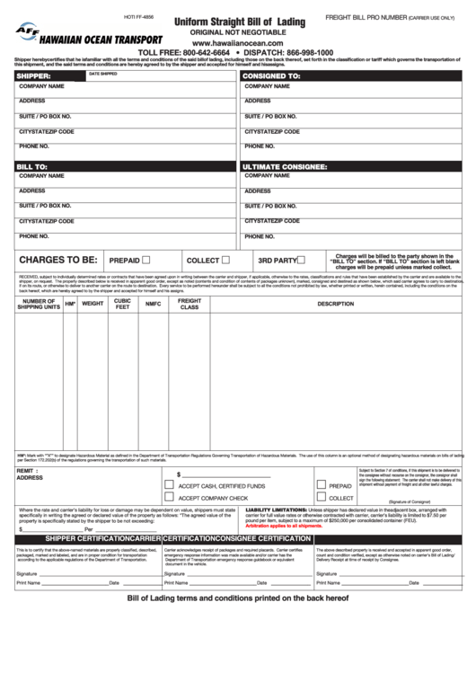 Fillable Uniform Straight Bill Of Lading Template Printable Pdf Download