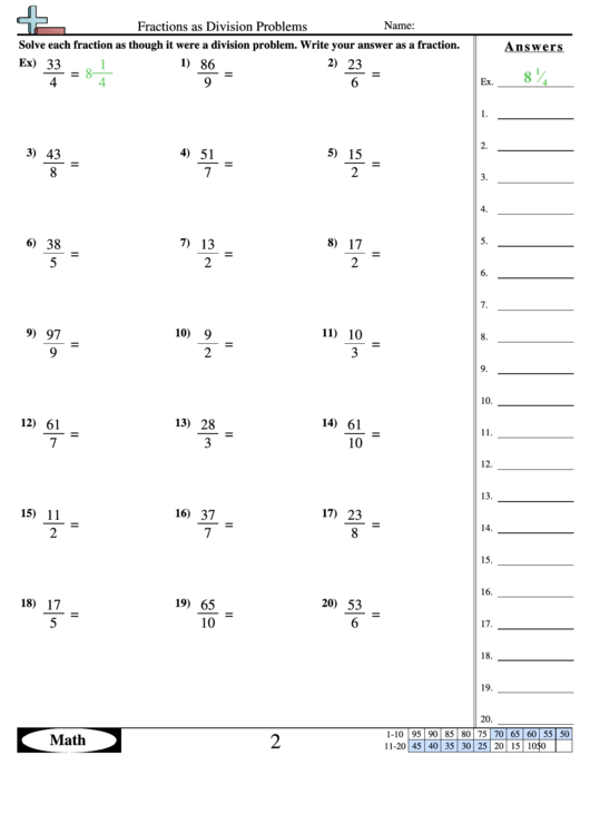 Fractions As Division Problems Worksheet With Answer Key Printable Pdf